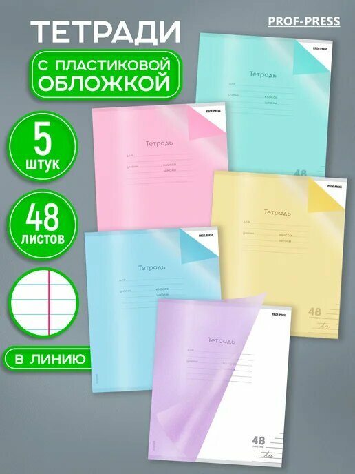 Набор тетрадей 48 л, Проф-Пресс линия, А5, с пластиковой обложкой , 5 дизайнов