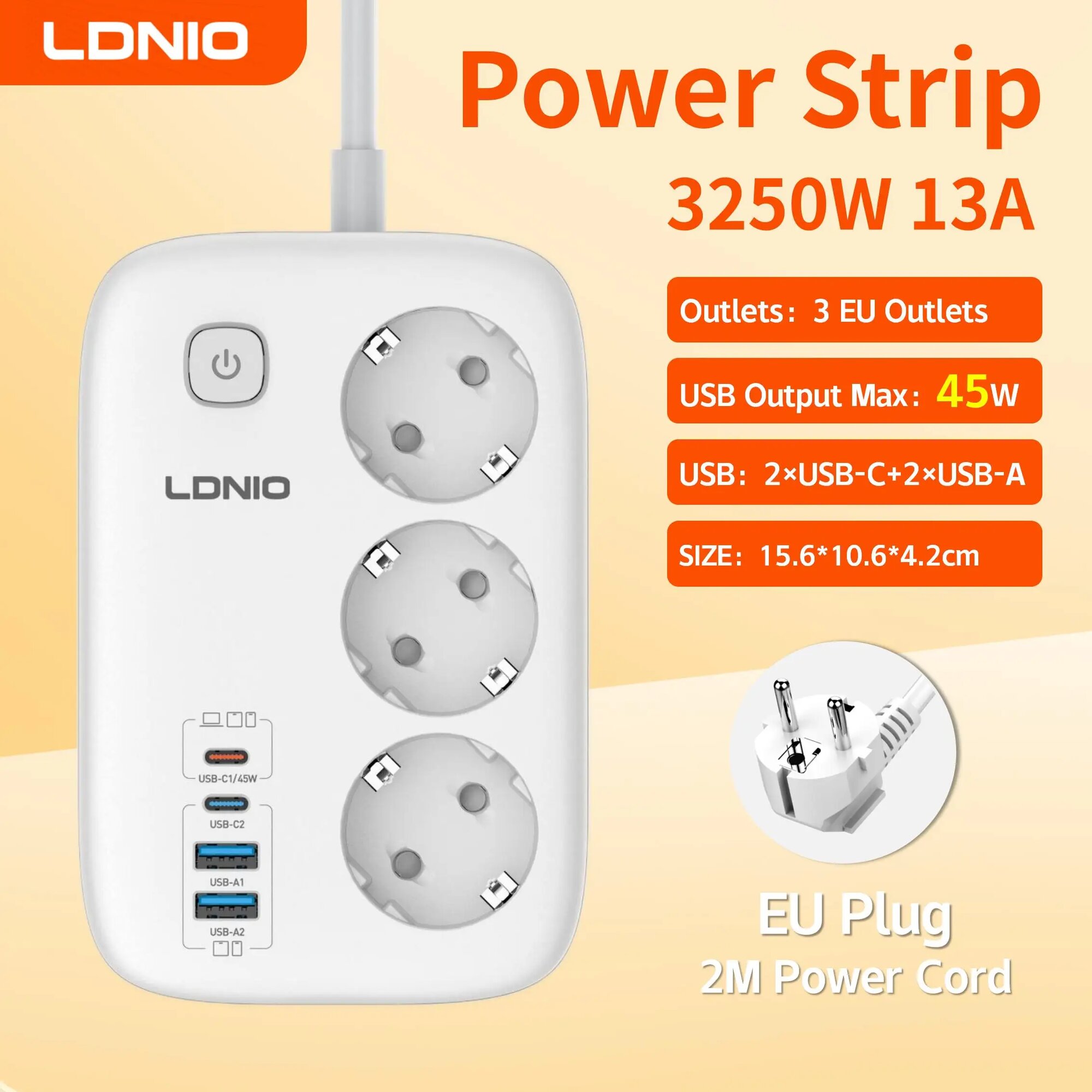 LDNIO Удлинитель 3 розетки 4 USB-C 65Вт 45W-EU