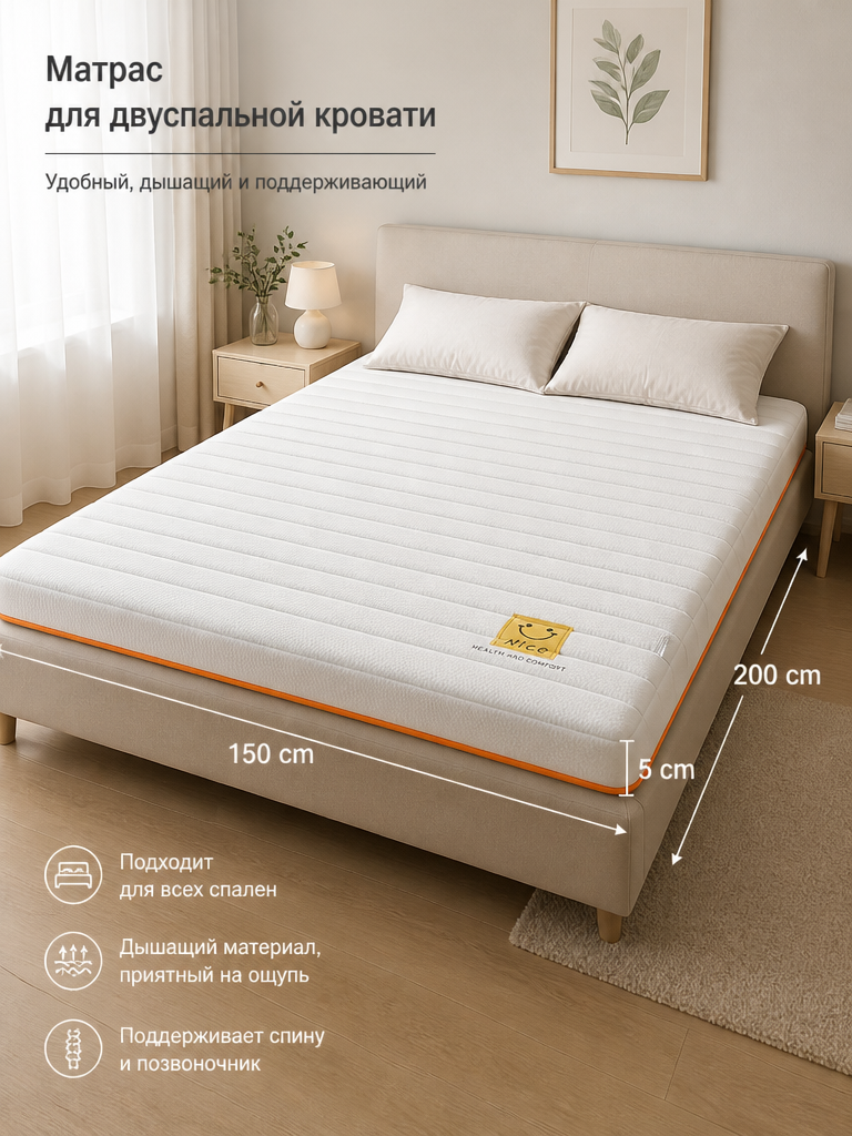 Складной двуспальный матрас для дома и общежития, белый, 150×200 см, толщина 5 см