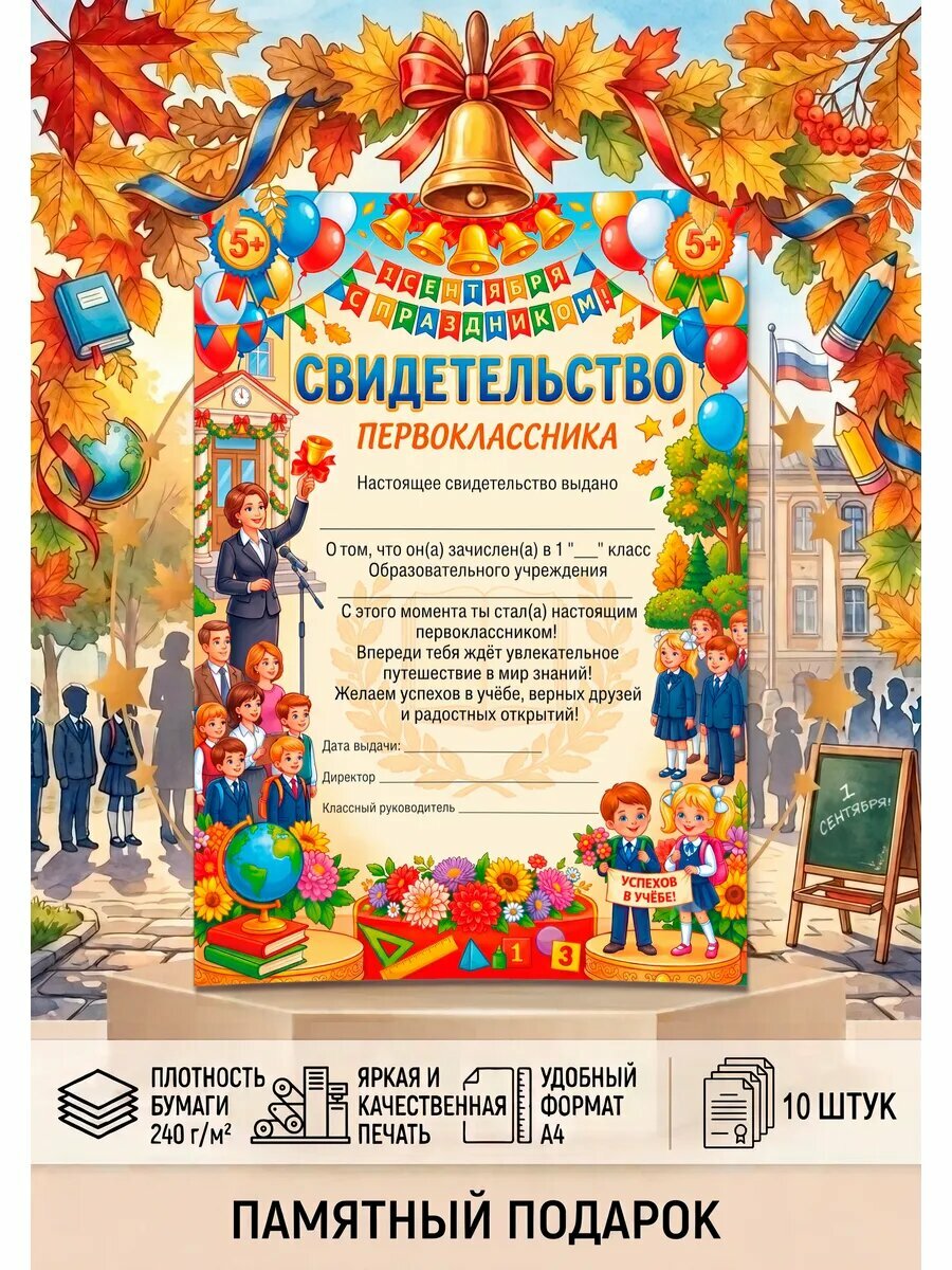 Свидетельство первоклассника на 1 сентября 10шт.