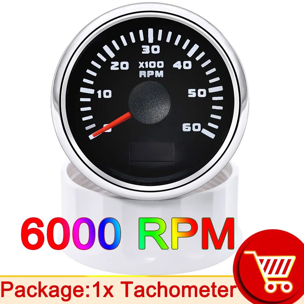 Тахометр 6000 RPM, 52 мм, серебристо-черный