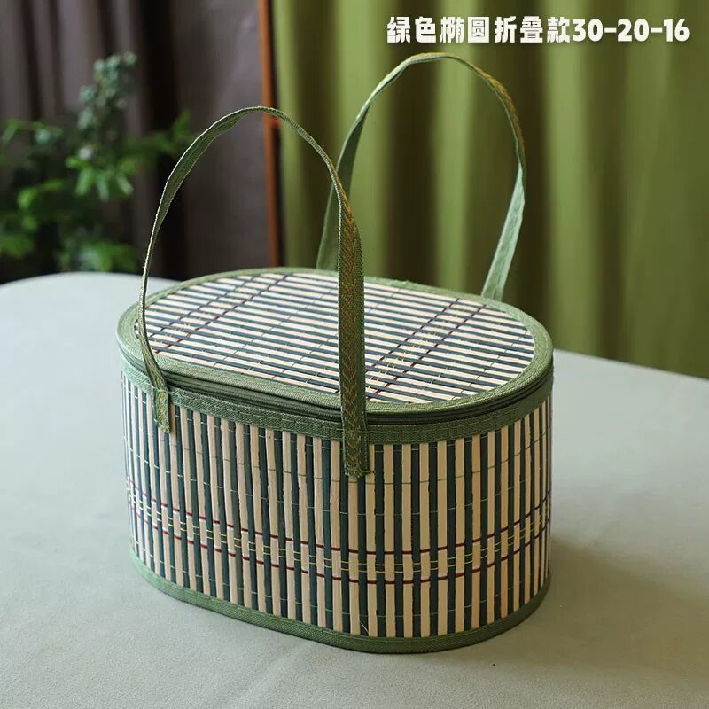 Ручная работа из бамбука, овальная зеленая складная корзина 30x20x16 см для упаковки цзунцзи и подарков