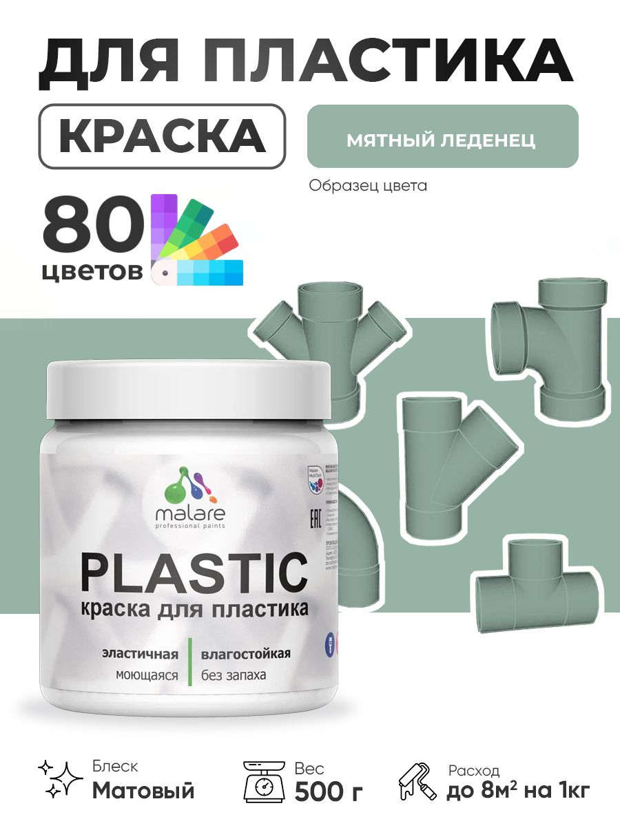 Акриловая краска для пластика Malare Plastic для пенопласта ПВХ сайдинга, для подоконников и откосов, быстросохнущая без запаха, матовая, мятный леденец, 0.5 кг