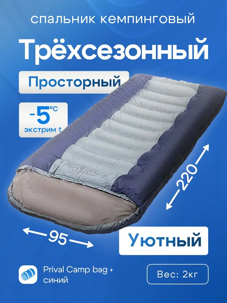 3-сезонный спальный мешок-одеяло, широкий 220х95, туристический, Prival Camp Bag+, молния справа, синий