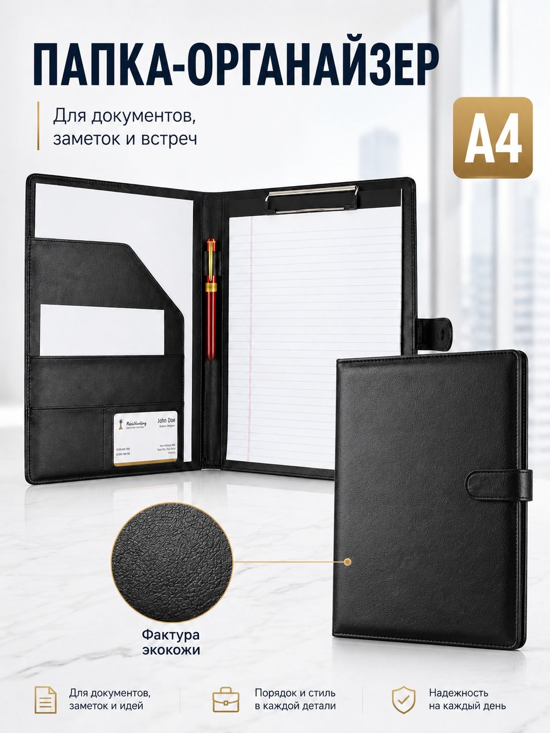 Папка-планшет A4 из черной экокожи с металлическим зажимом, карманами и блокнотом A4 в подарок