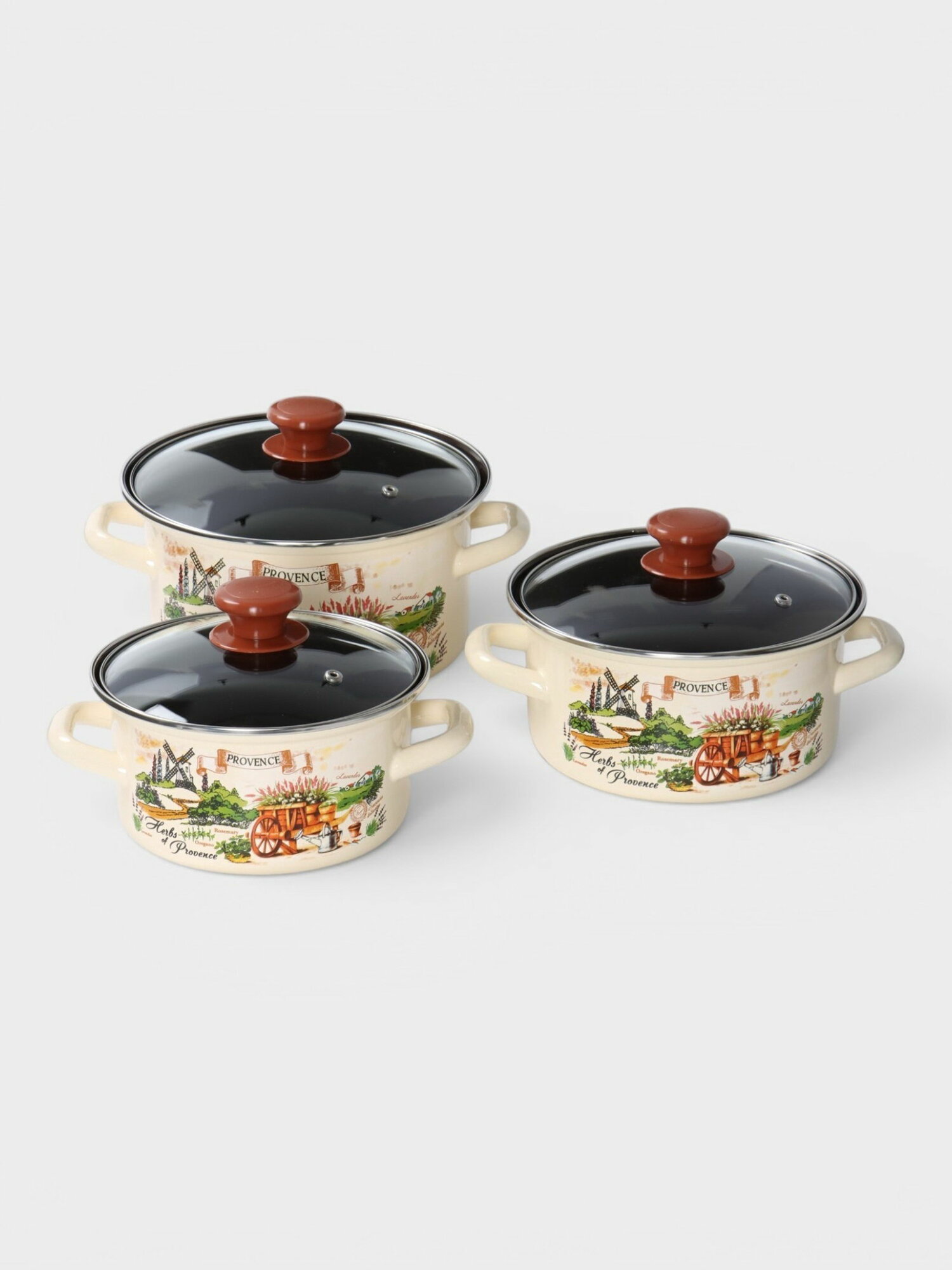 Кастрюли эмалированные "Травы", набор 3 шт, 1.5 л, 2.3 л, 3 л, с деколью, слоновая, кости