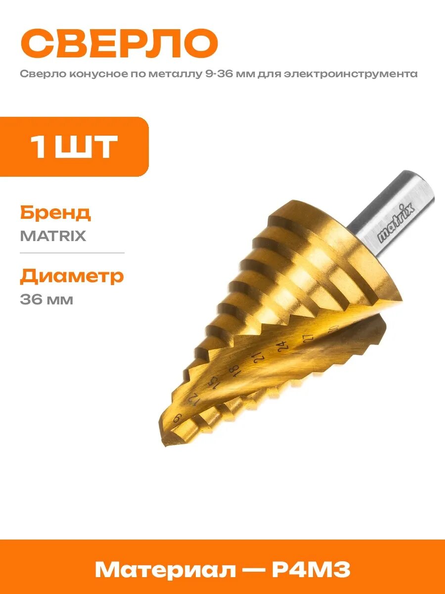 Сверло ступенчатое по металлу 9-36 мм хвостовик 10 мм