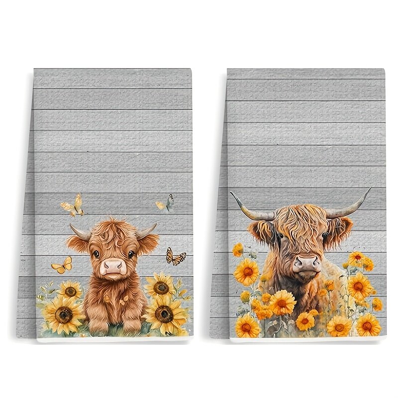 Кухонные полотенца 2 шт. с рисунком подсолнуха и коровы, 15.75 x 23.62 дюйма, тряпки для уборки и декора кухни и ванной, моющиеся в машинке