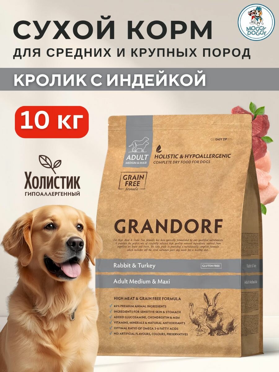 GRANDORF MED&MAXI Корм для взрослых собак средних и крупных пород Кролик с индейкой 10 кг