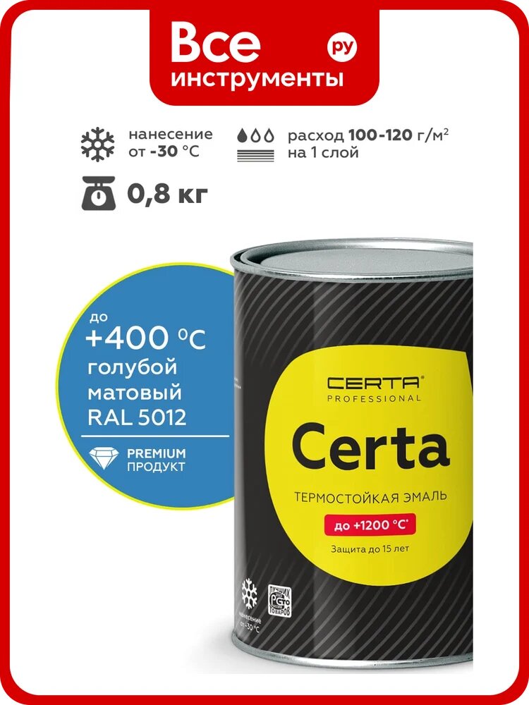 Краска термостойкая антикоррозионная до 400°С Certa голубой матовый (~RAL 5012) 0,8 кг CST00062