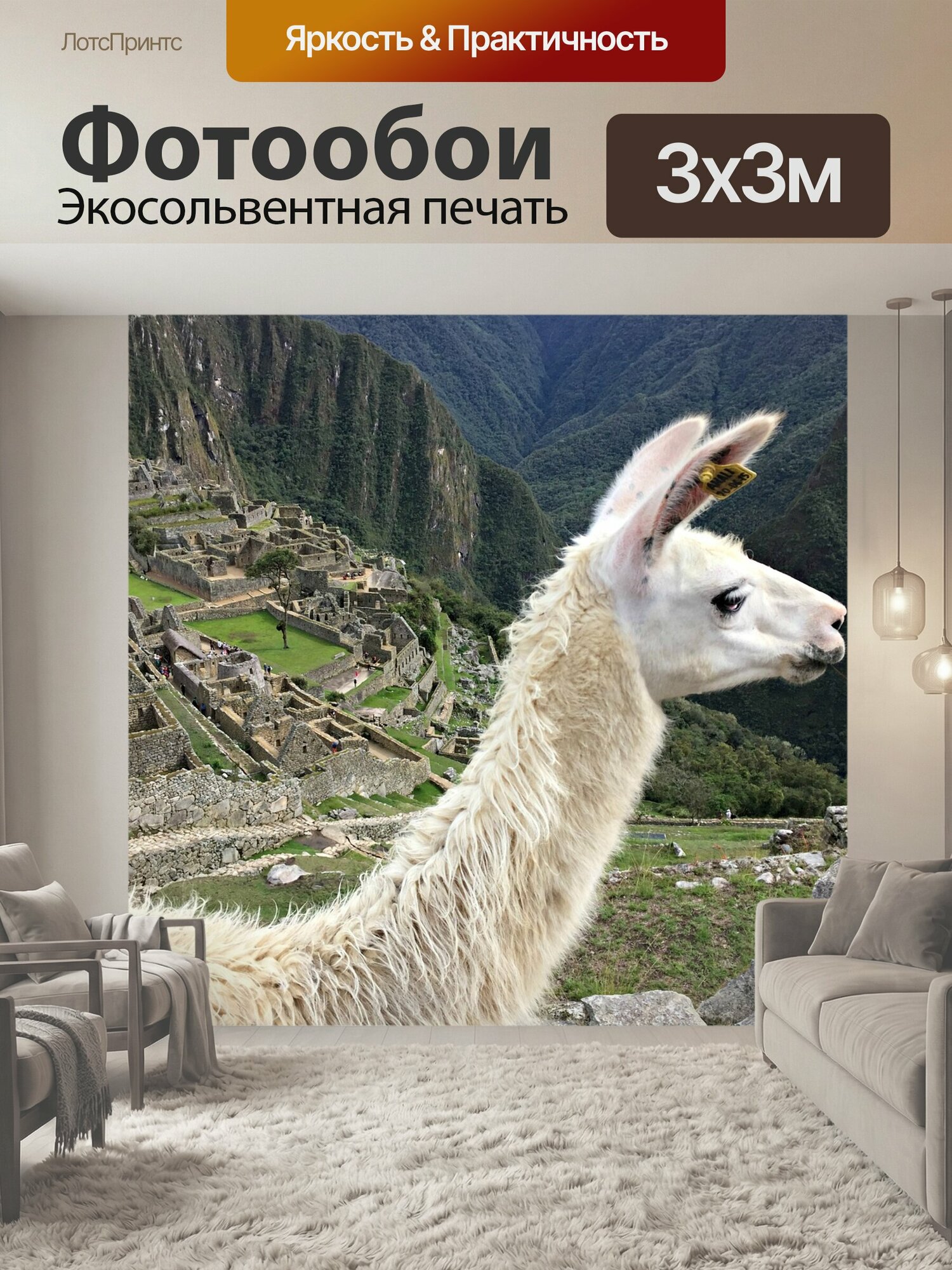 Фотообои "Лама, мачу-пикчу, перу" 300x300 см. экосольвентная печать
