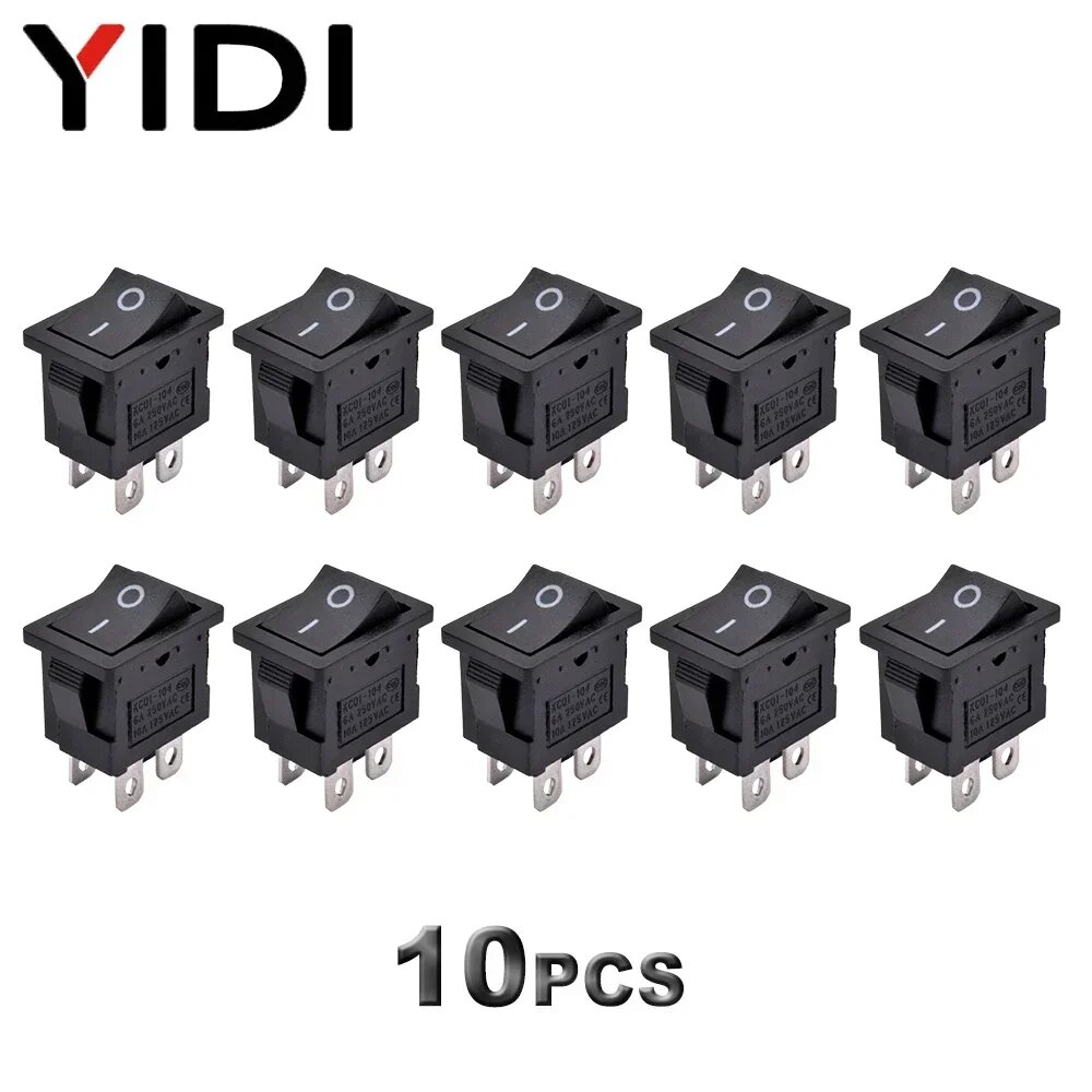 YIDIELE Кнопочный переключатель KCD1-104 12/220В 4 контакта красный черный 10pcs Black, NO Light
