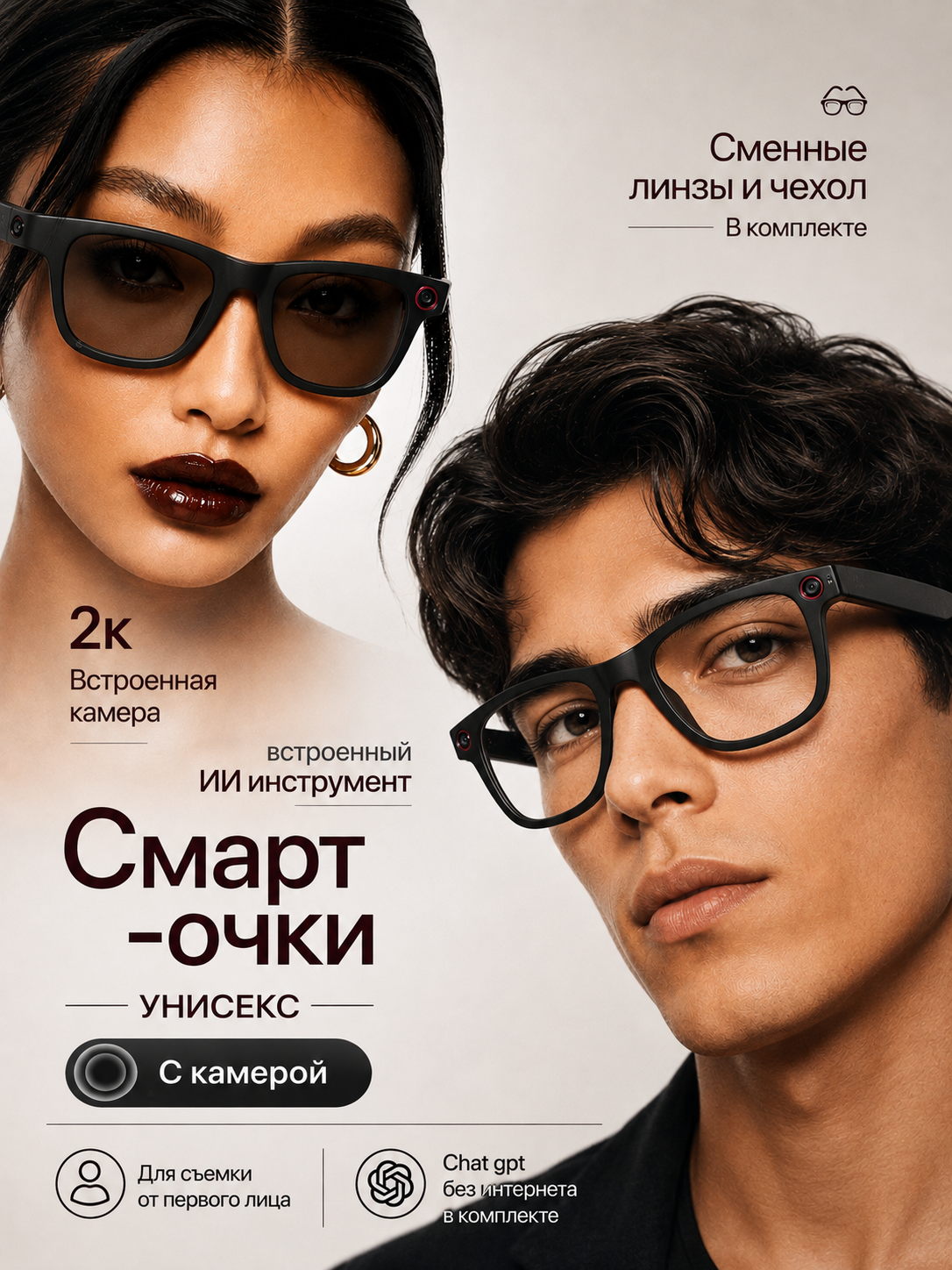 Смарт-очки, с камерой, переводчиком, искусственным интеллектом с Bluetooth, Android/iOS