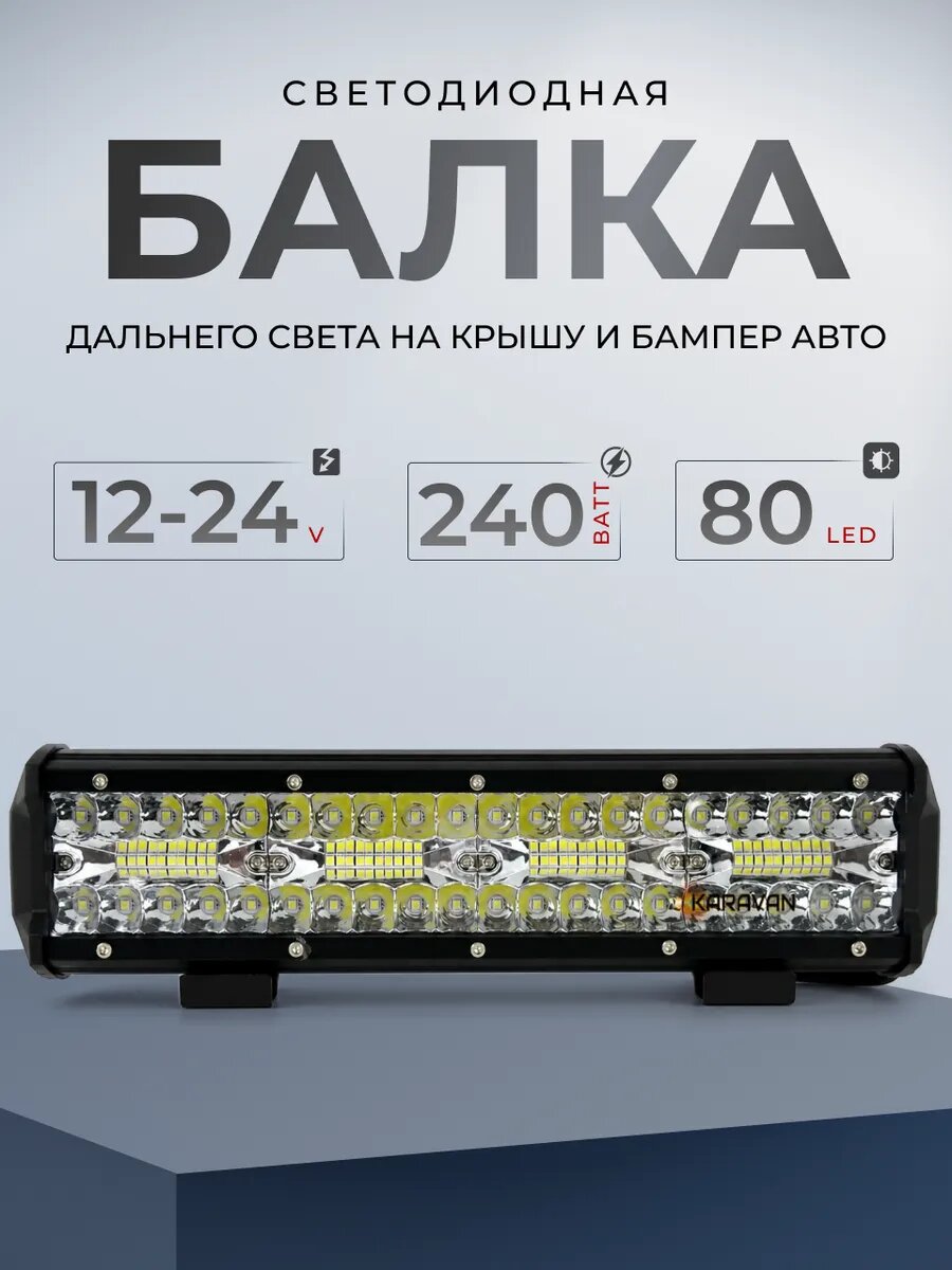 Светодиодная фара балка 240 Ватт дальнего света 12-24 Вольт на крышу и бампер внедорожника, катер, мото и квадроцикл, кран, погрузчик и спецтехнику
