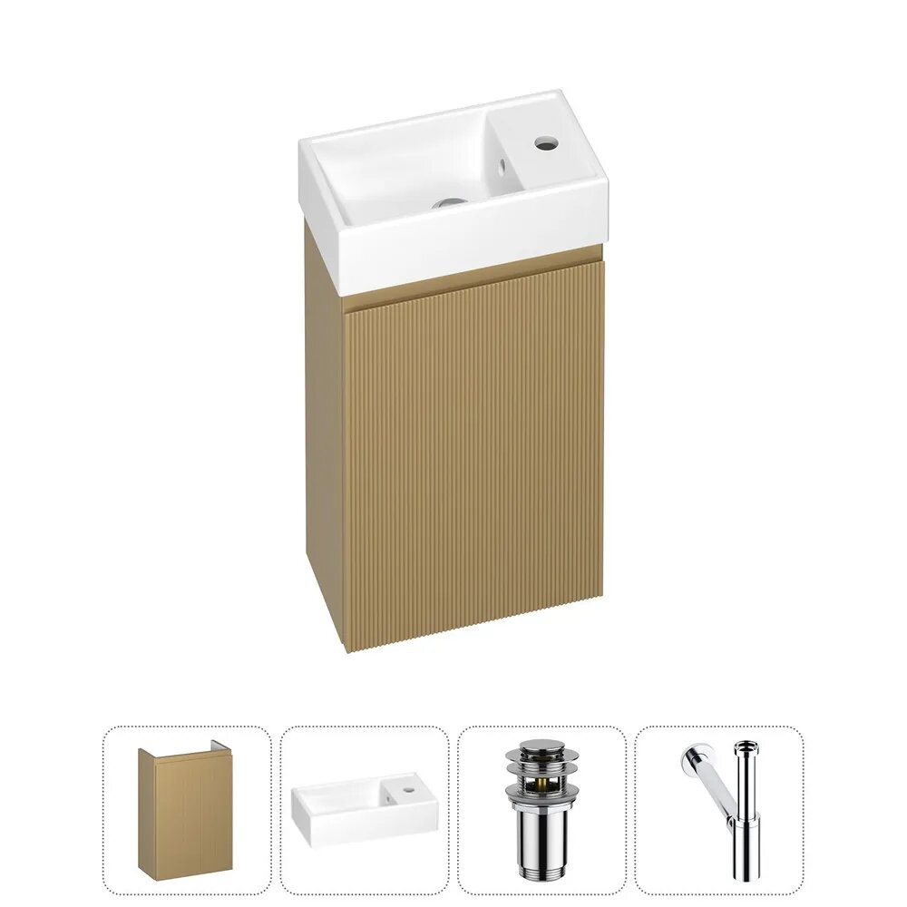 Подвесная тумба с раковиной в ванную Wellsee WC Area 20216843R в наборе 4 в 1: узкая тумба 40 см (матовый бежевый), раковина, донный клапан, сифон (цвет набора хром)