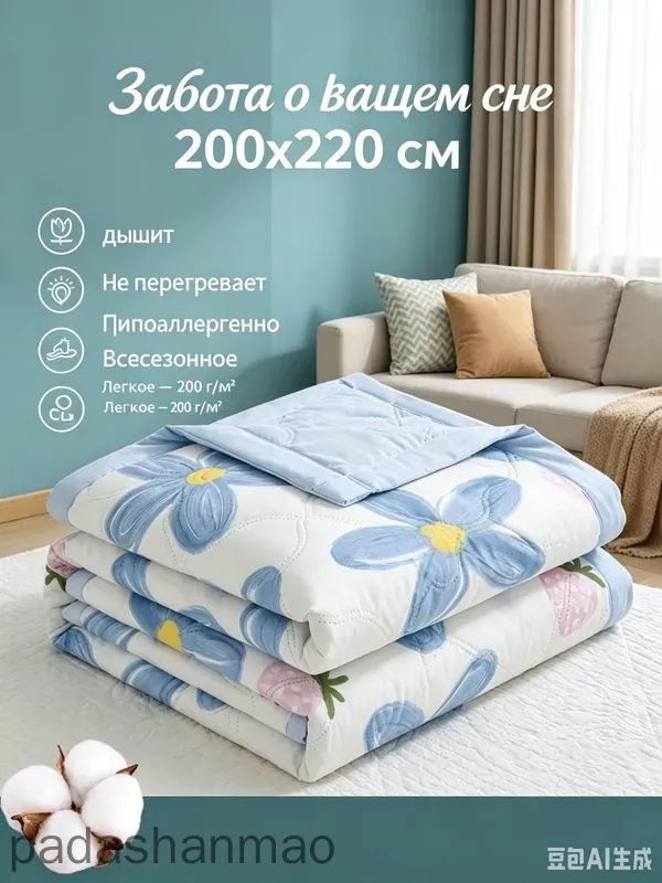 Одеяло Евро 200x220 см, Всесезонное, Летнее, с наполнителем ватин, комплект из 1 шт