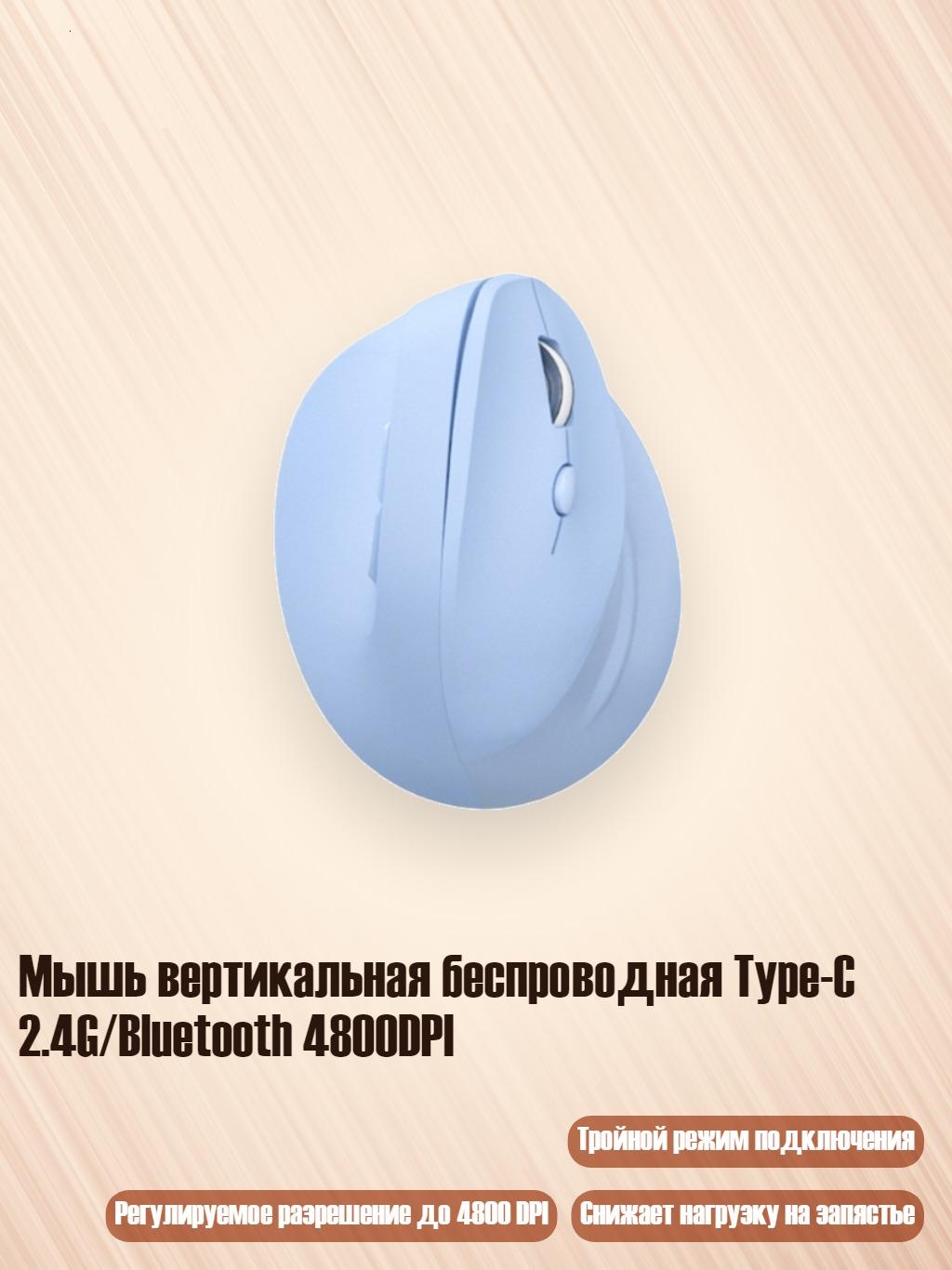 Мышь вертикальная беспроводная Type-C 2.4G/Bluetooth 4800DPI, Синий - Модель с сухим аккумулятором