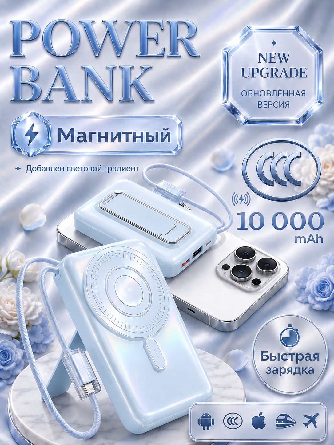 CCC Магнитный внешний аккумулятор 10000 мАч 22.5W, повербанк с беспроводной зарядкой MagSafe, компактный