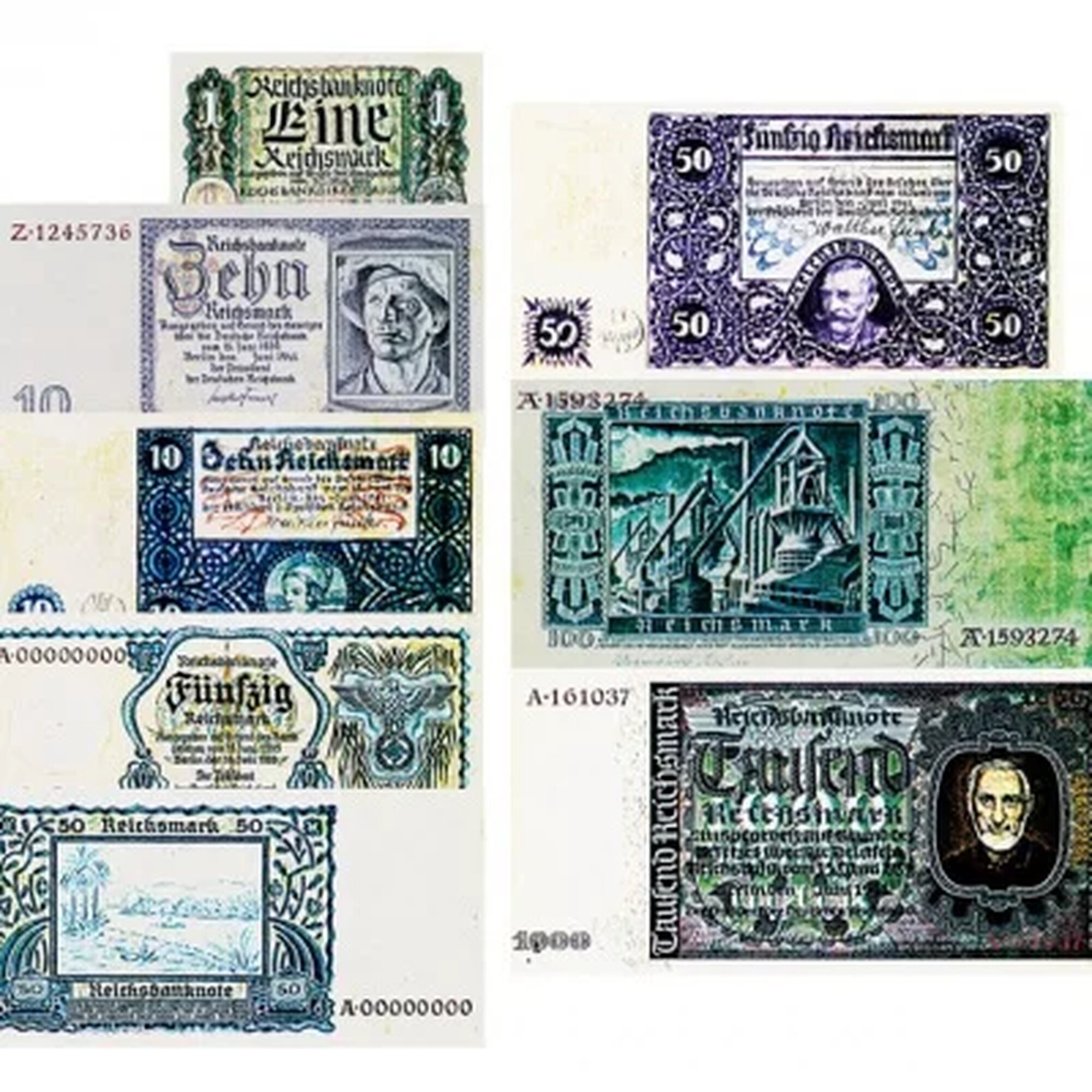 Набор эскизов банкнот Германии 1-1000 рейхсмарок 1936-41, сувенирные копии, банкноты и купюры редкие коллекционные