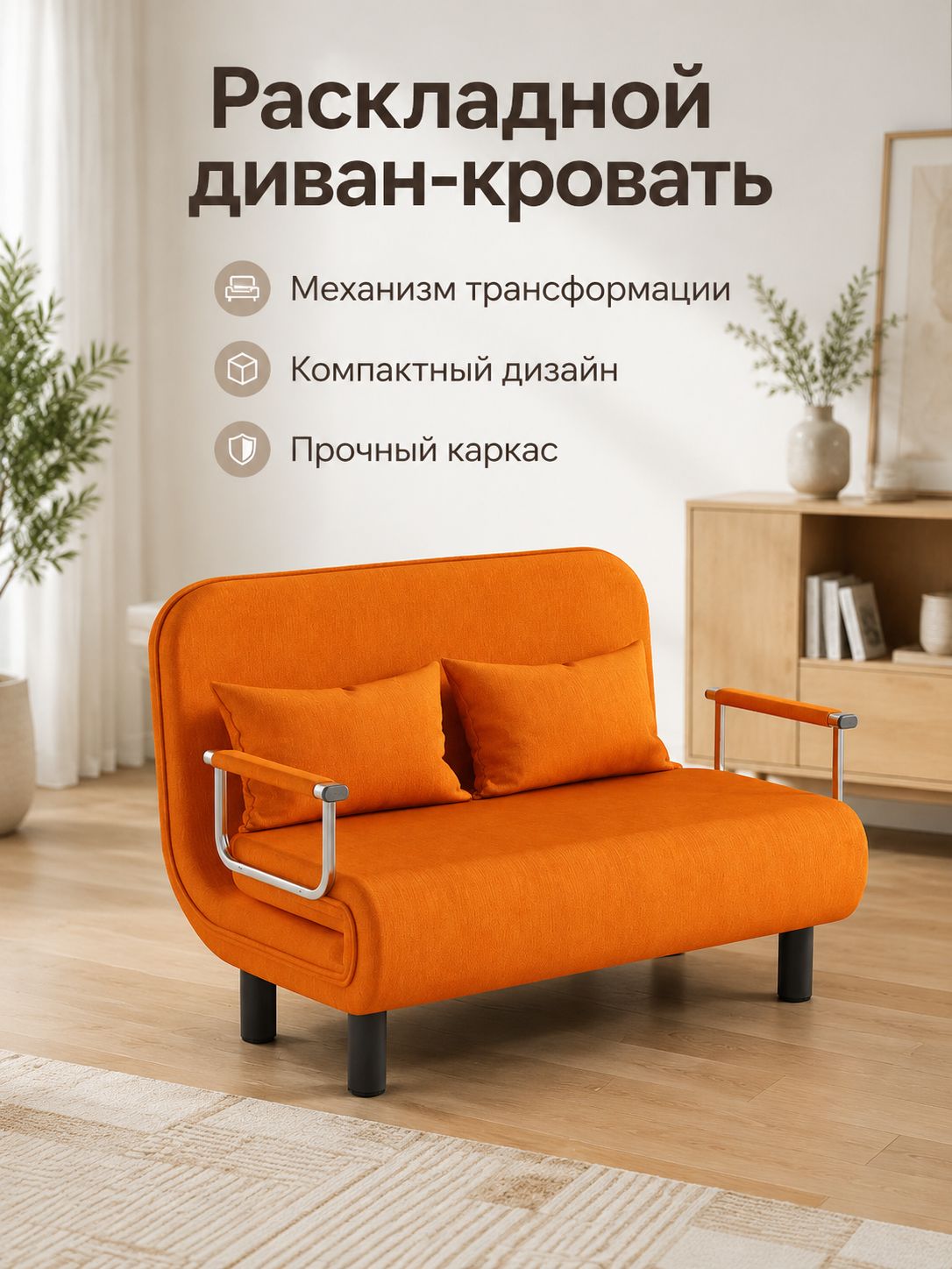 Складной диван-кровать 80 см с подлокотниками, обивка ткань, цвет оранжевый