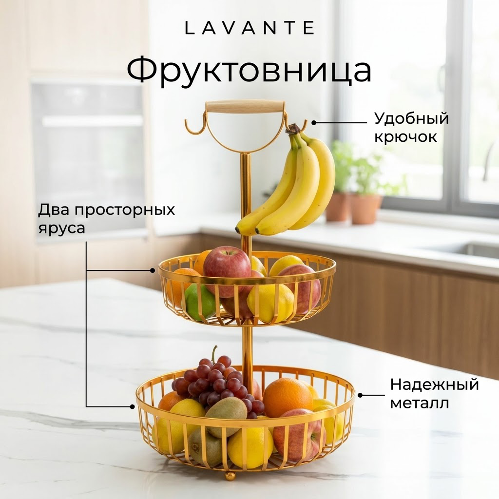 Фруктовница металлическая 2 яруса с крючками для бананов, золото