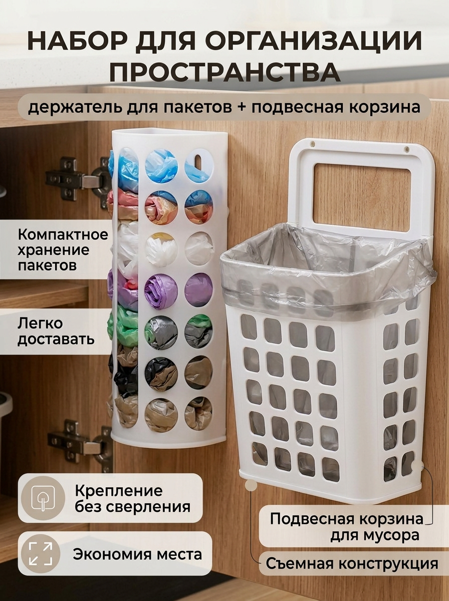 Ведро для мусора на дверцу шкафа и держатель для пакетов, перфорированные, пластиковые, белые, складные, комплект