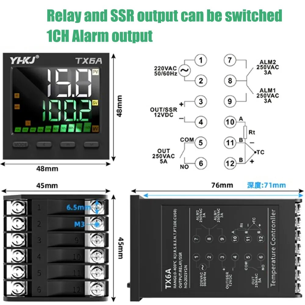 220VAC 50Hz, Интеллектуальное реле терморегулятора TX6 и выход SSR могут переключаться на 1 - канальный выход сигнализации с универсальным входом 48 * 48 мм