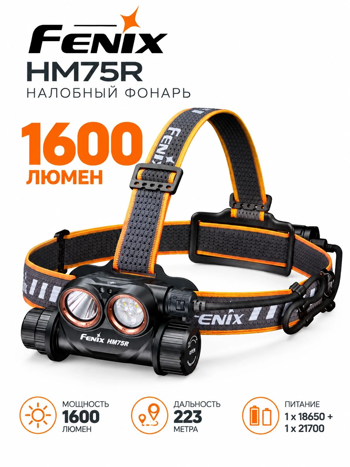 Налобный фонарь Fenix HM75R, Li-ion18650, 223 метра, 1600 люмен (Комплект)