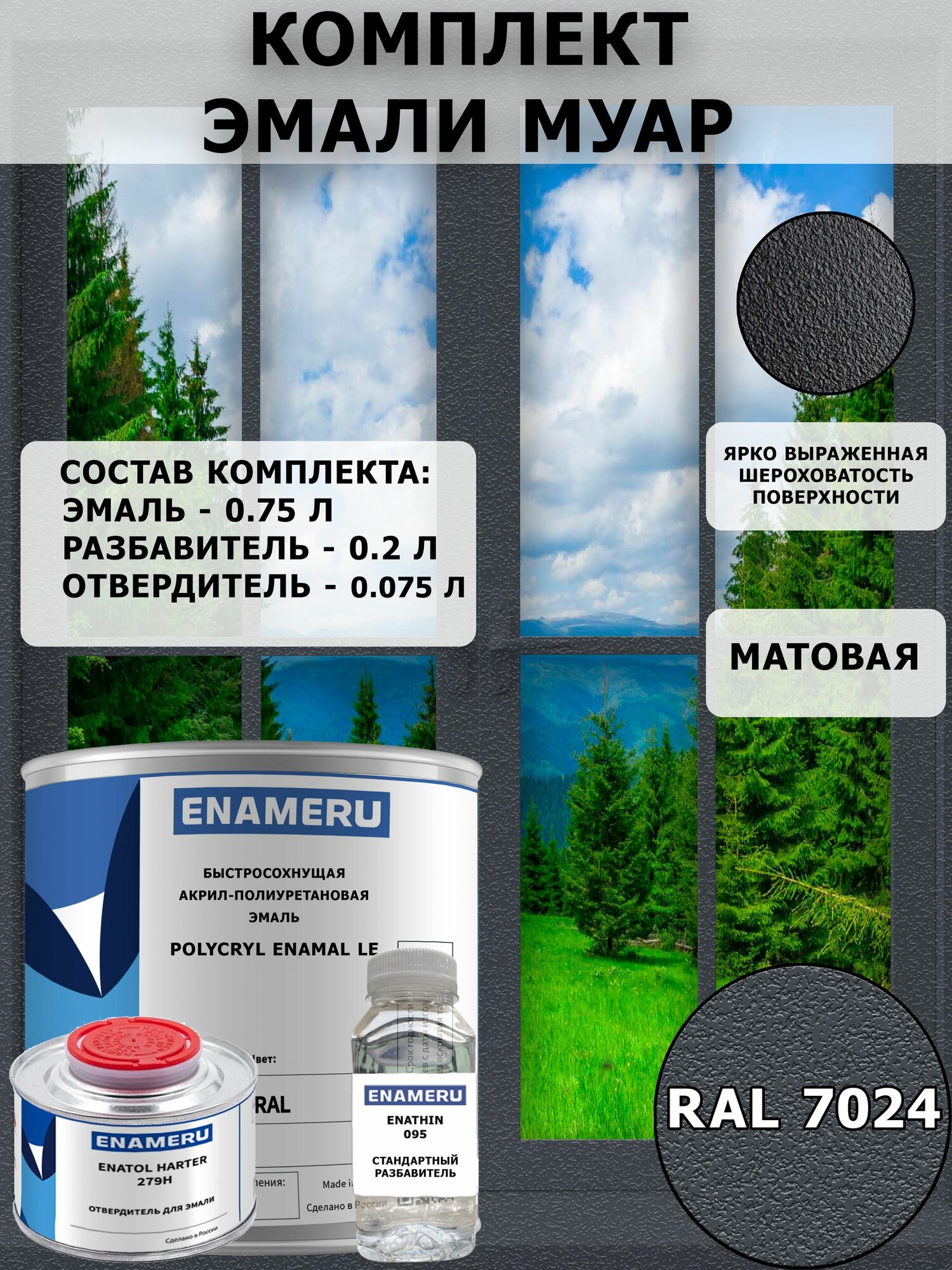 Светостойкая эмаль муар для ПВХ и Пластика Энамеру, Акрил-полиуретановая, Матовая, Графитовый серый RAL 7024, 1л готовой смеси