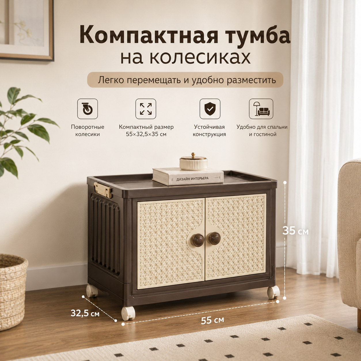 Складной пластиковый комод на поворотных колесиках, магнитные дверцы с рельефным узором, габариты 55×32,5×35 см