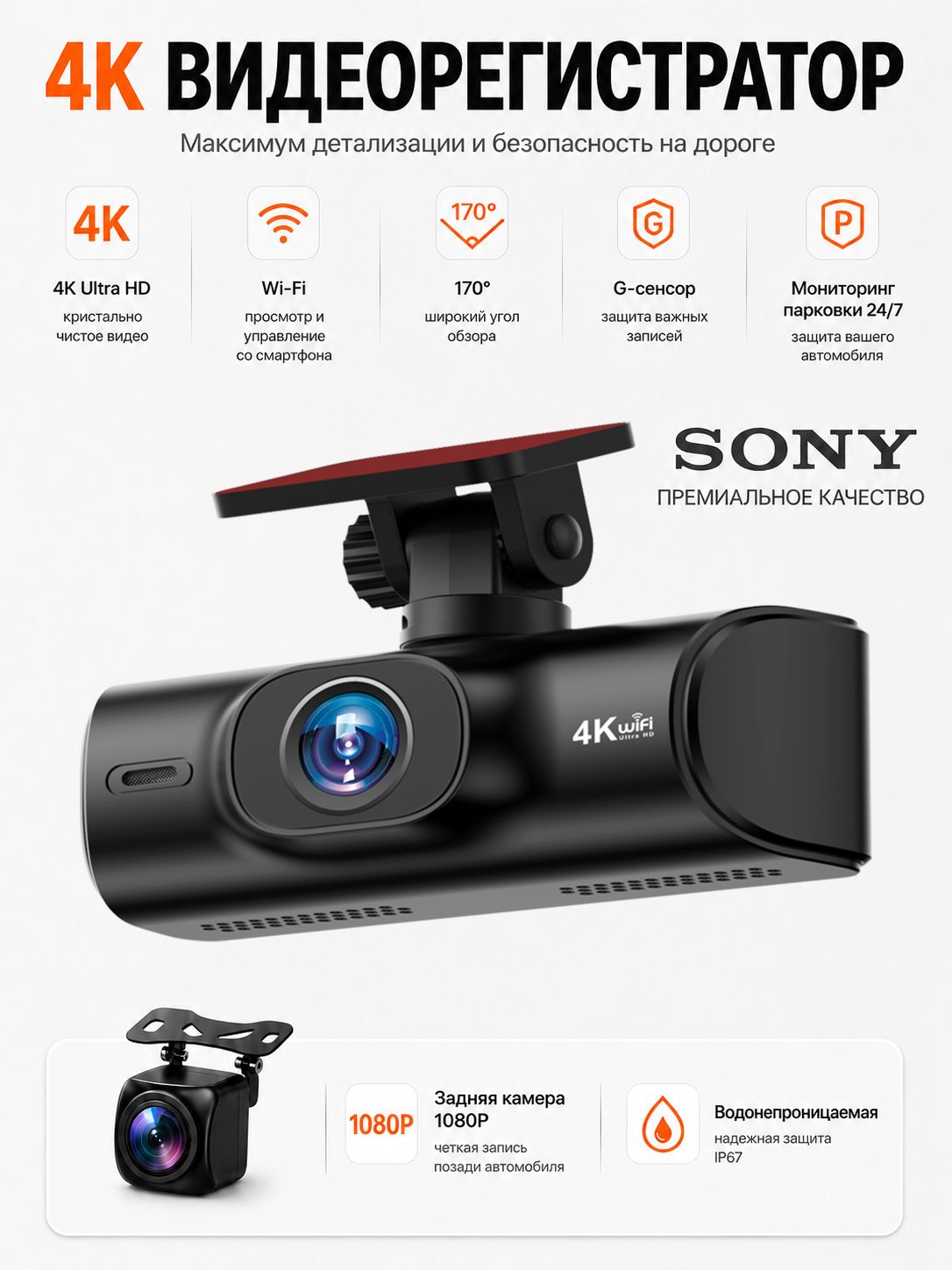Видеорегистратор автомобильный 4K Ultra HD с камерой заднего вида и Wi-Fi