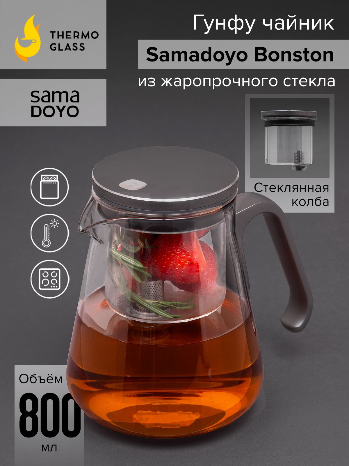 Чайник заварочный гунфу с металлической крышкой и ручкой, магнитом в крышке SamaDoyo Premium из боросиликатного стекла, 800 мл