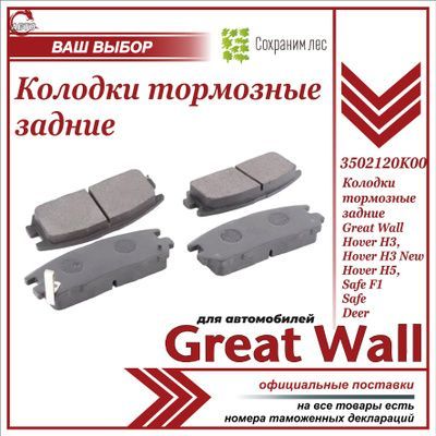 Колодки тормозные задние для Грейт Вул Ховер Н3, Н5, Сейф, Дир / Great Wall Hover H3, Hover H5, Safe, Deer / 3502120K00