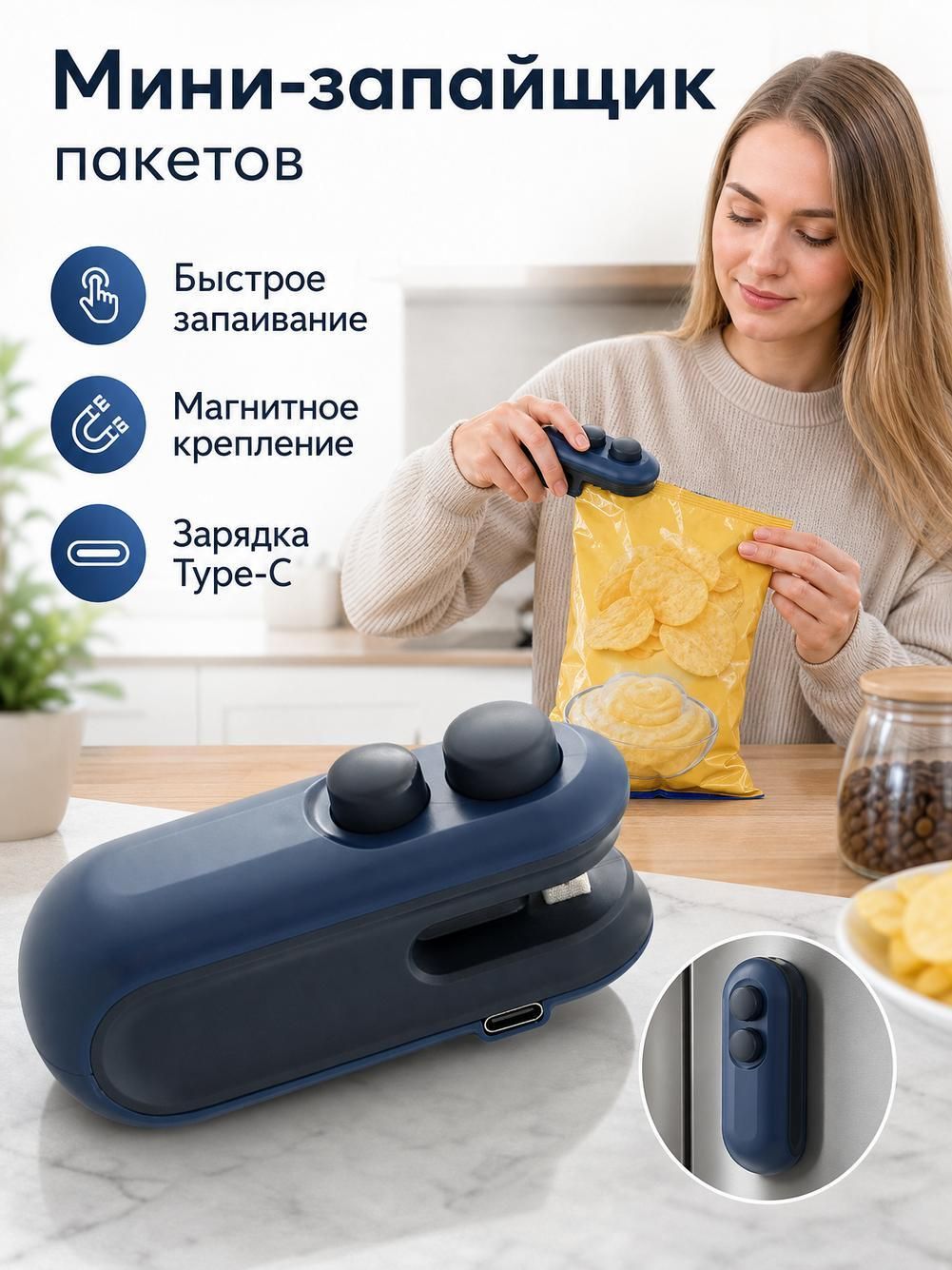 Ручной запайщик для пакетов, компактный, герметичный, для хранения продуктов