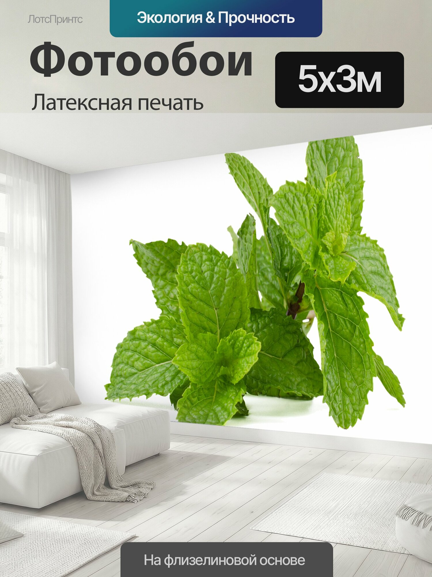 Фотообои моющиеся ударопрочные "Листья мяты, мята, мята перечная" 500x300 см. латексная печать