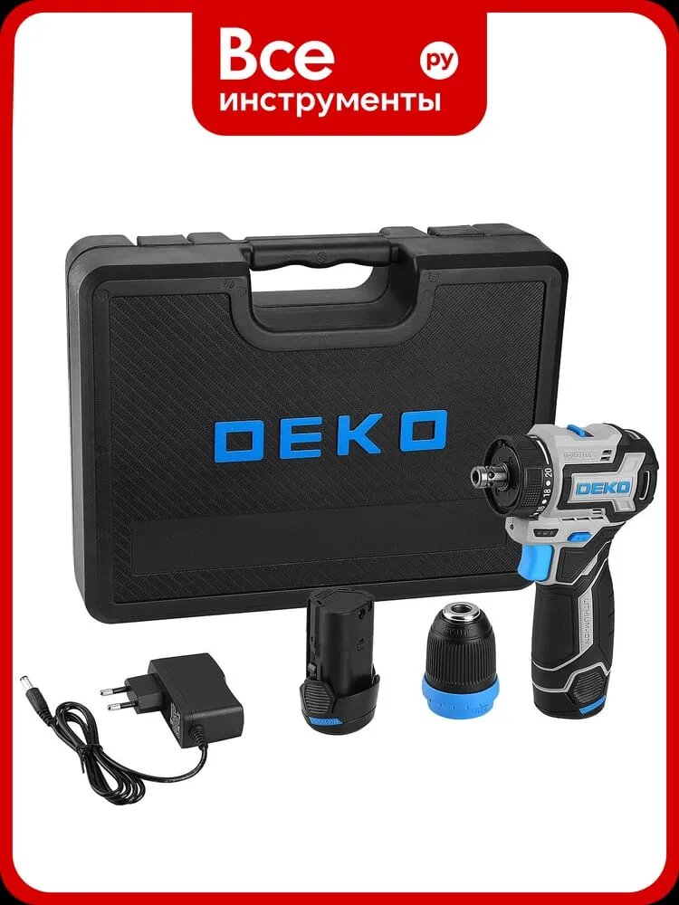 Дрель-шуруповерт аккумуляторная бесщеточная компактная DEKO Loner 12V PRO в кейсе со съёмным патроном, 12В, 2x3.0Ач 085-1122