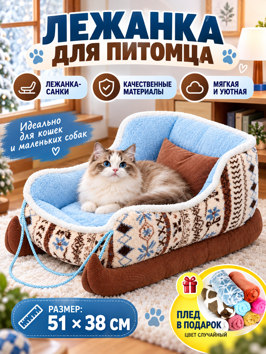 Лежанка для питомца лежанка-санки, удобная кровать для кошек и маленьких собак размер 51 на 38 см, в комплекте идет подарочный плед