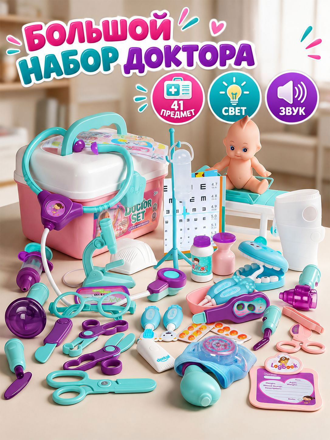 Игровой набор Доктора детский, набор врача для детей, сюжетно-ролевые игрушки, чемоданчик, 41 предмет, JB0212376