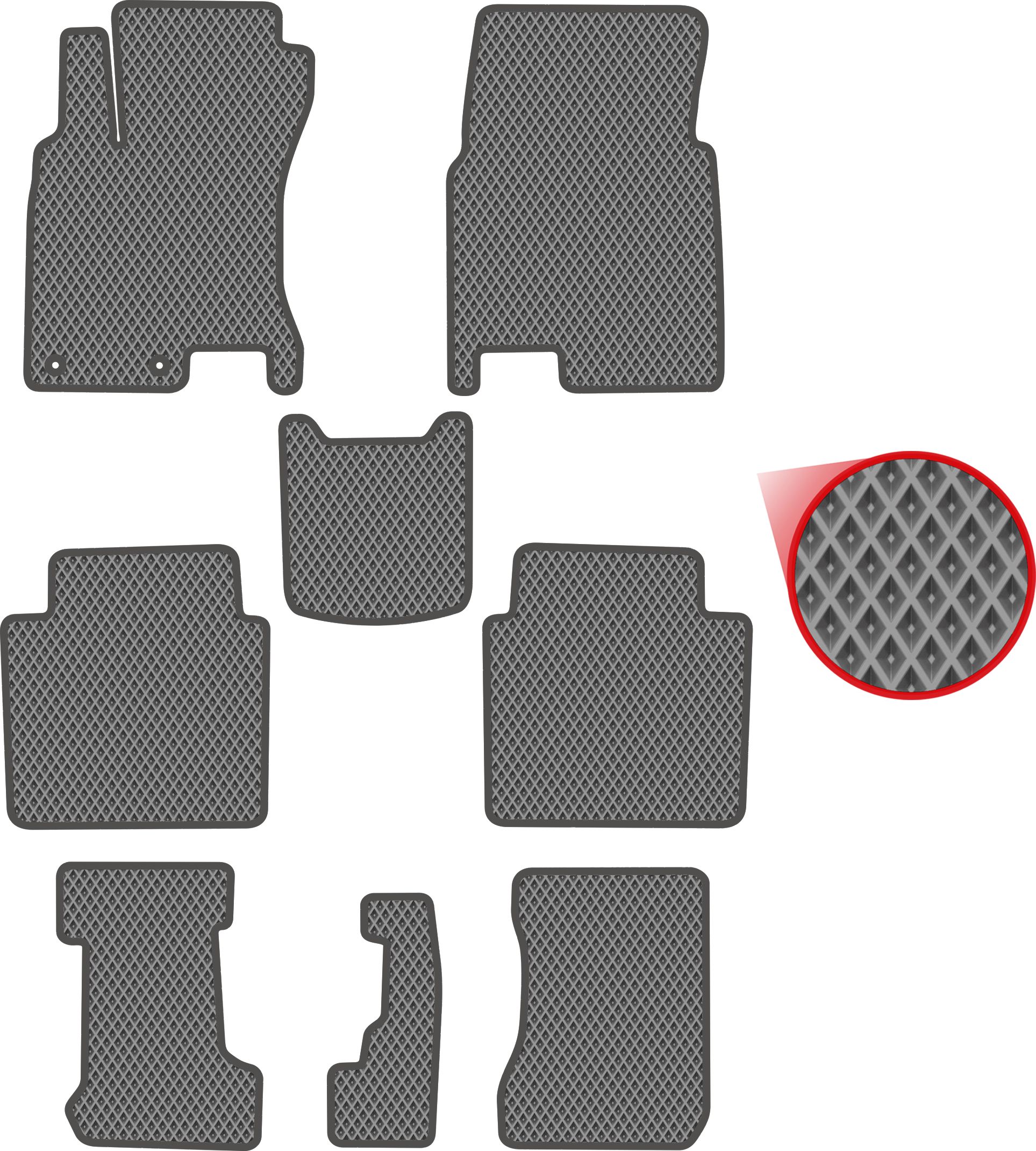 Автомобильные коврики EVA для Nissan Qashqai 2+ (2008-2013) 3 ряда серые с серым кантом, ячейка ромб