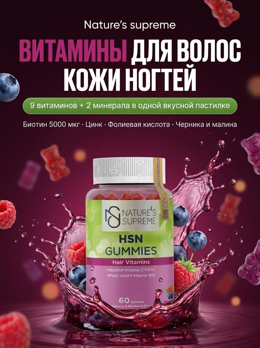 Витамины для волос кожи ногтей Nature's Supreme жевательные мармеладки биотин B12 фолиевая кислота цинк йод 9 витаминов 2 минерала 60 пастилок
