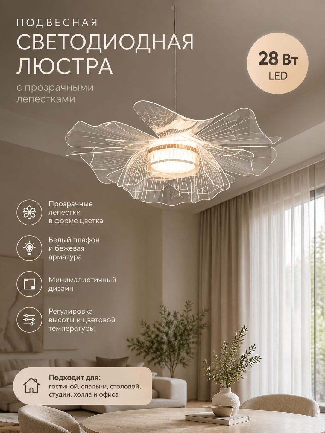 Подвесная светодиодная люстра с прозрачными лепестками, минимализм, 28 Вт, 50х50х20 см, 1 лампа