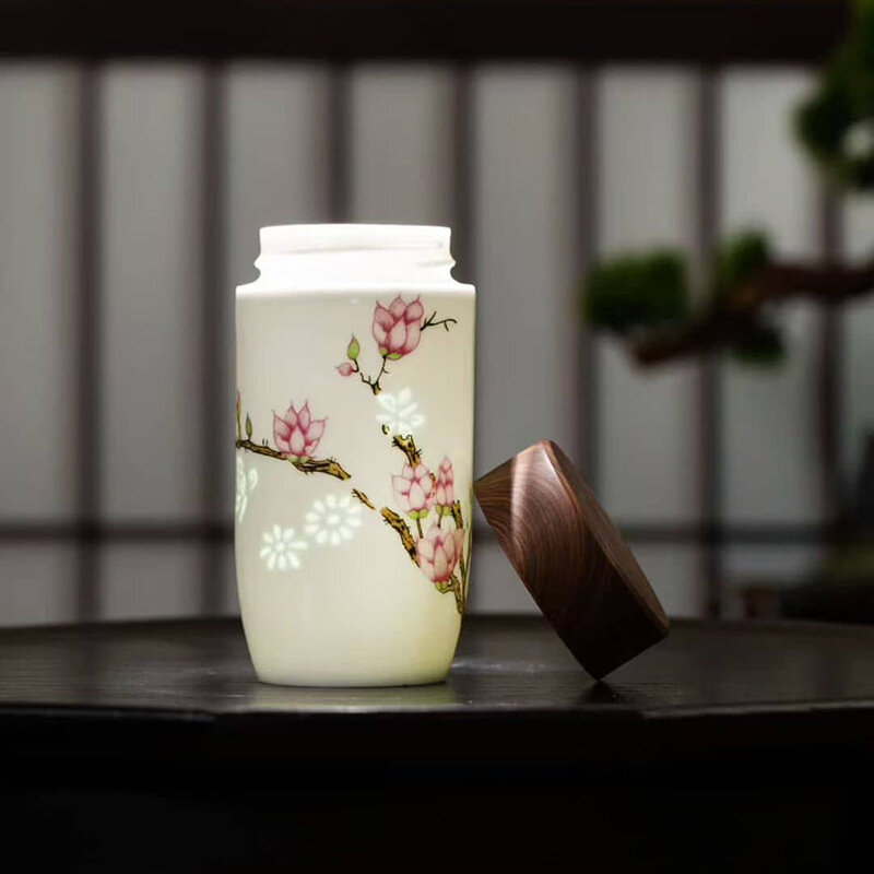 Элегантная термоскружка из Jingdezhen фарфора с цветочным узором и керамической внутренней вставкой с крышкой для