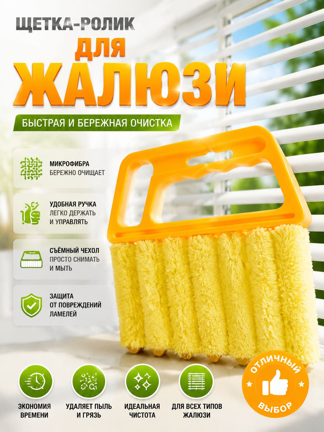 Щетка для чистки жалюзей, кондиционеров и вентиляционных решеток, съемная насадка из микрофибры