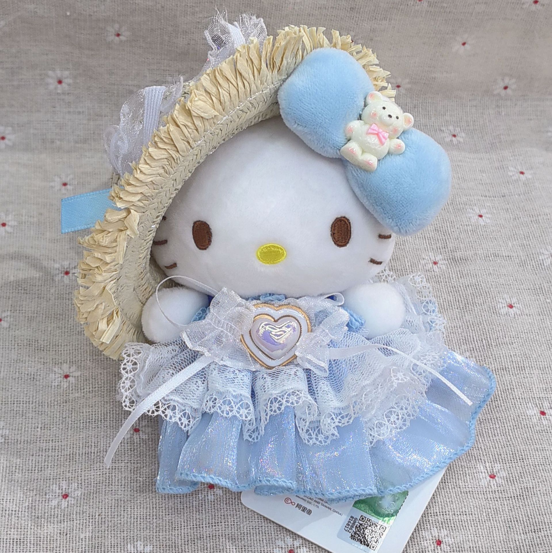Милый плюшевый брелок Hello Kitty с синее сердце платье соломенная шляпа, мультяшная игрушка-подвеска