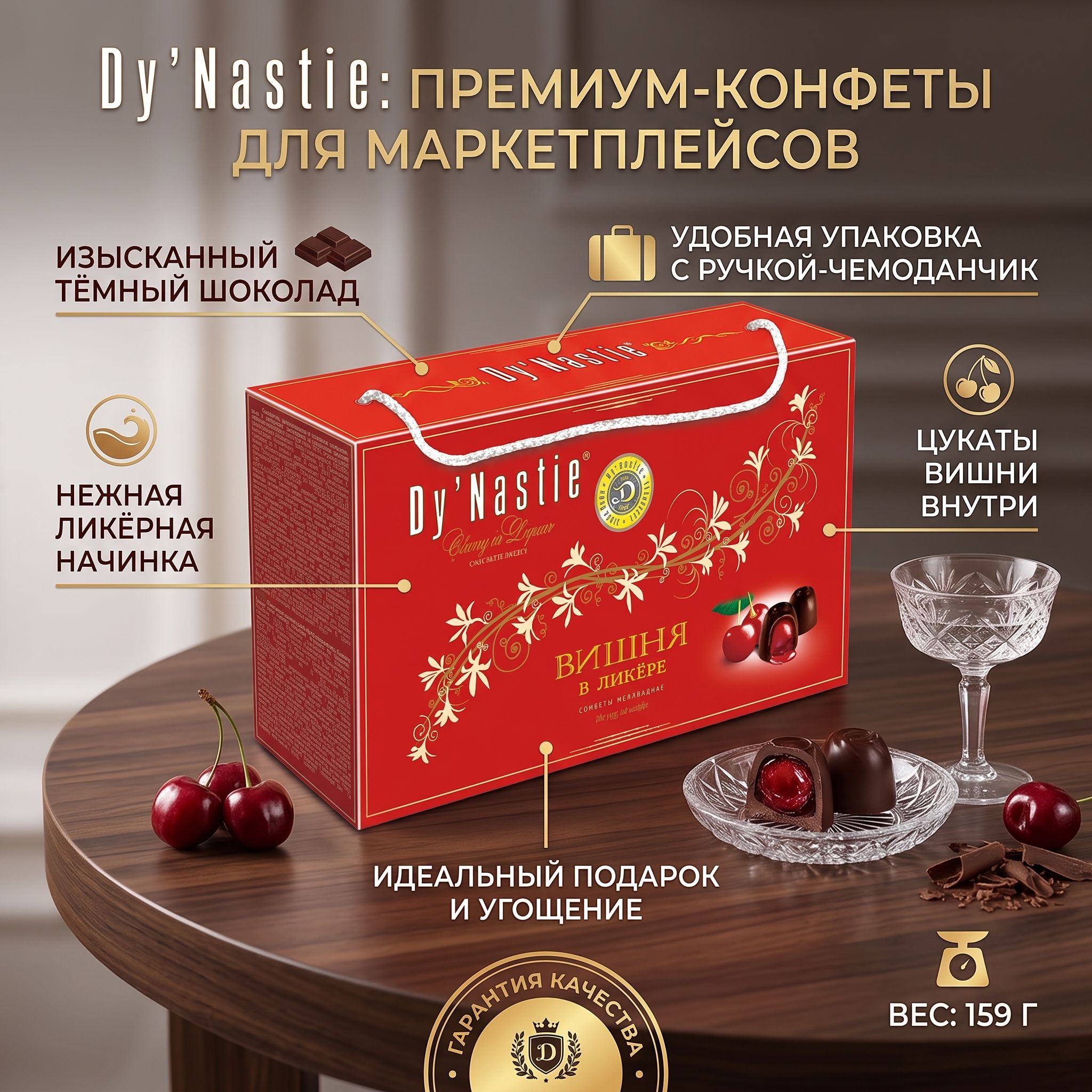 Конфеты Dy Nastie вишня В ликёре шоколадные c тёмным шоколадом, с ликёрной начинкой, с цукатами вишни /упак. с ручкой-чемоданчик/ 159г