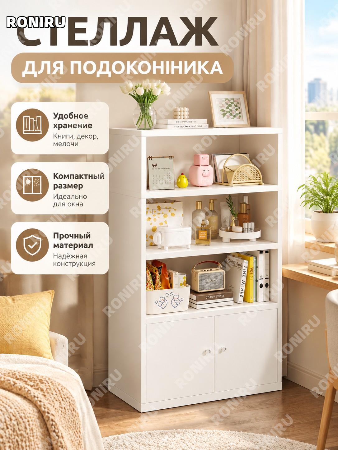 Шкаф-полка для подоконника 60×24×112 см, версия с тумбой, теплый белый, для дома и балкона, хранения и вещей дома