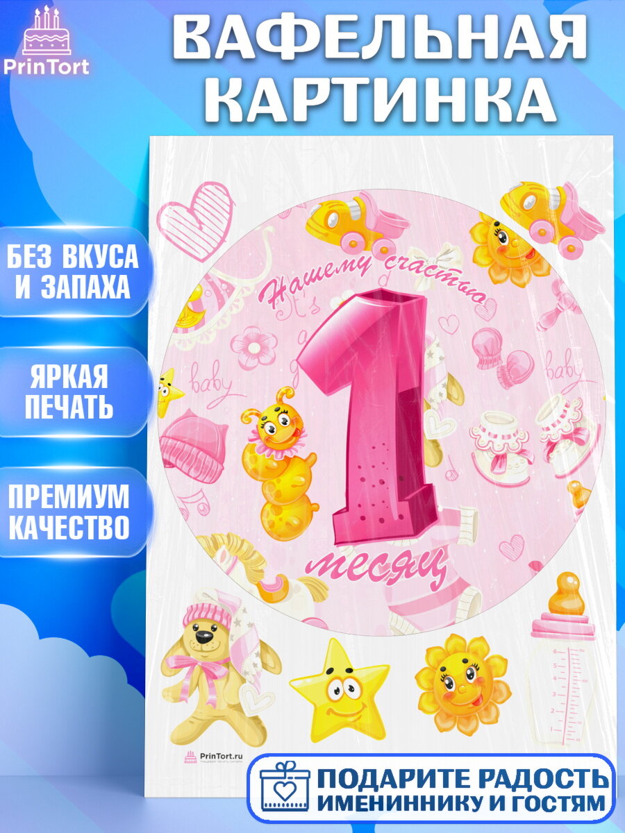 Вафельная картинка для торта Девочке 1 мес. Украшения для торта девочке на День Рождения. Декор для выпечки PrinTort