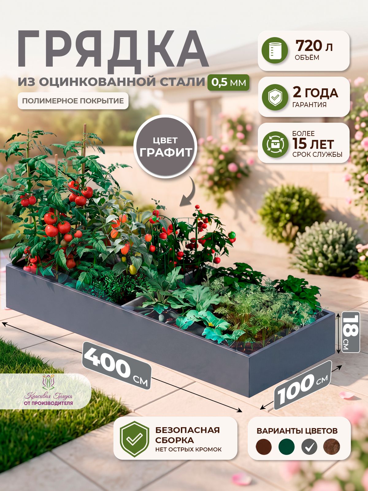 Грядка оцинкованная "Красивая грядка", с полимерным покрытием для сада и дачи , 1 х 4 м. ( цвет графит )
