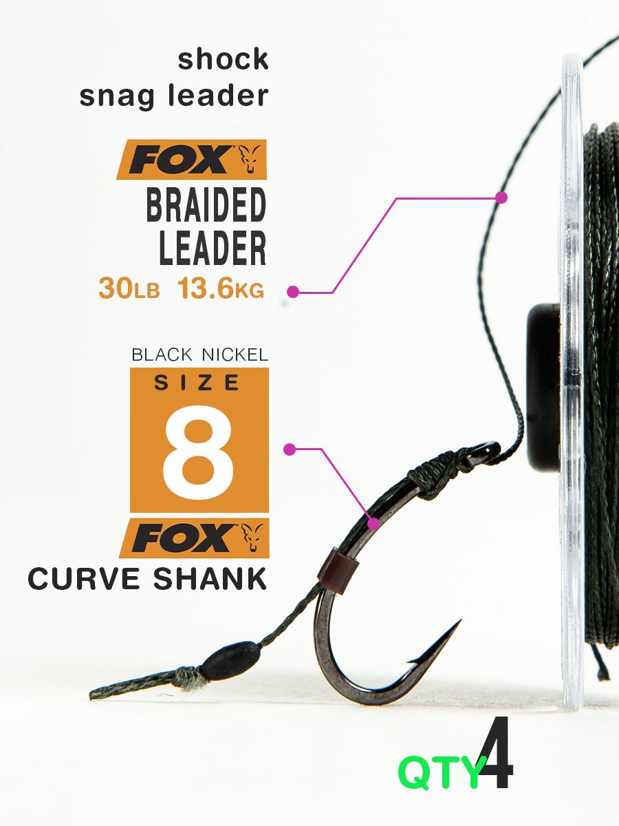Готовые рыболовные поводки с крючком FOX Curve Shank №8, FOX BRAIDED LEADER 30LB - 18см, в уп. 4шт