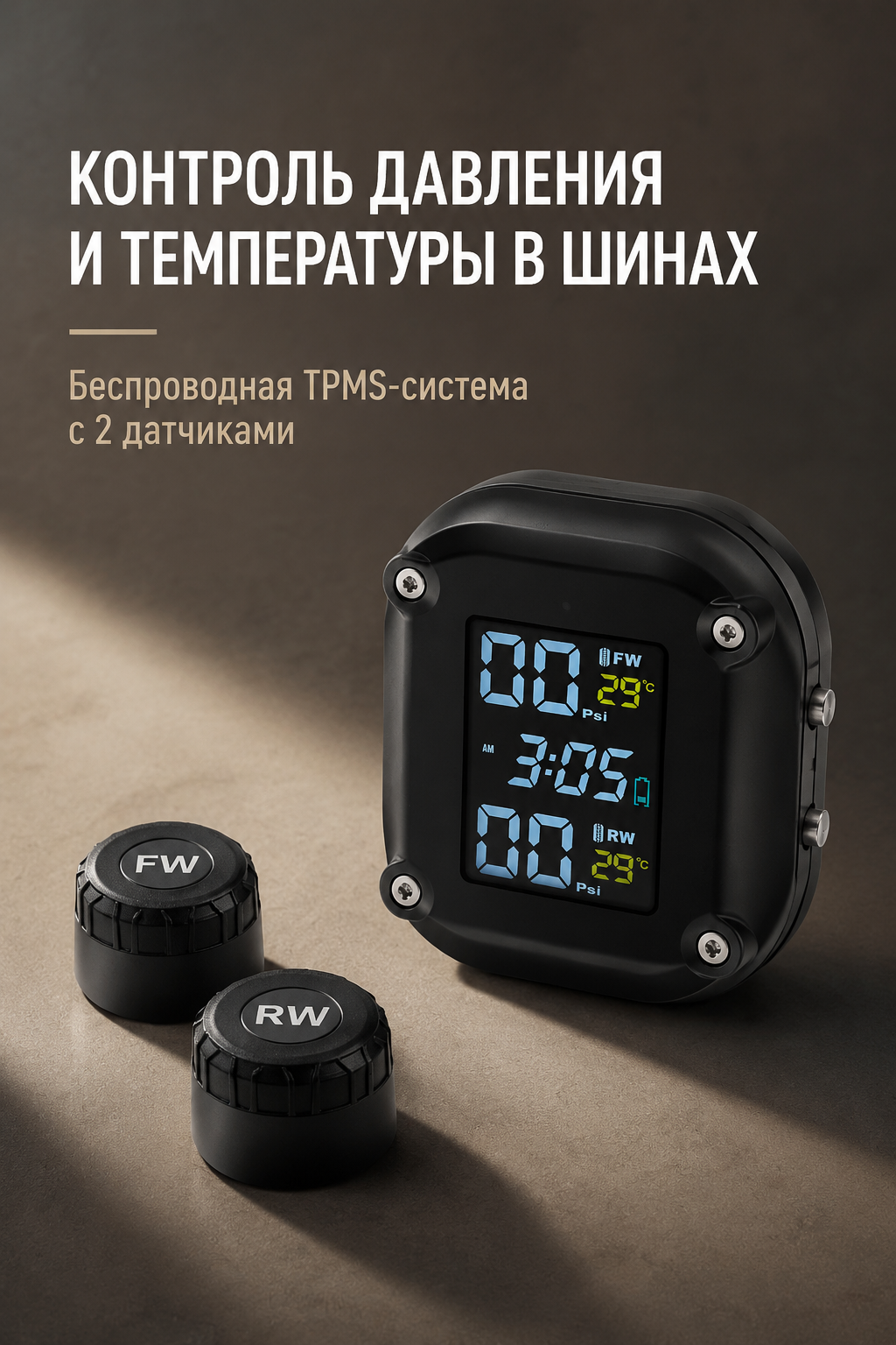 Беспроводная TPMS-система для контроля давления и температуры в шинах, 2 датчика